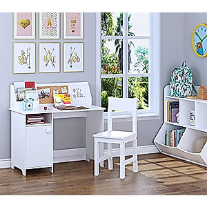 UTEX Kids Study Desk with Chair, Wooden Children School Study Table with Hutch and Chair for 3-8 Years Old, Student's Study Computer Workstation & Writing Table for Home School Use,White