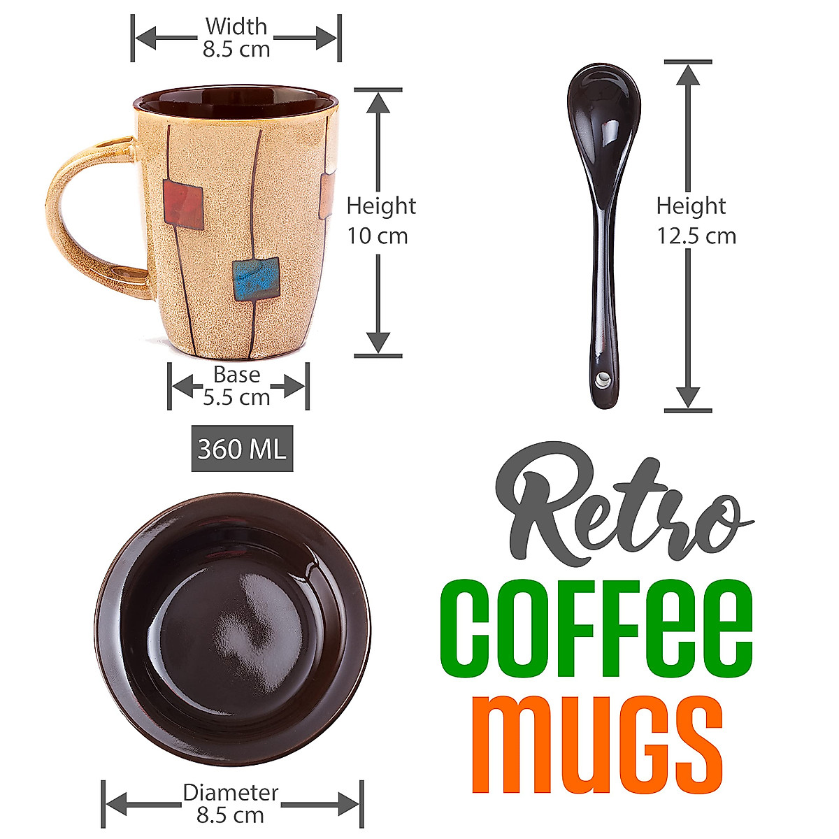 12 Piece Coffee Mugs Set of 4 - Ceramic Coffee Cups With Saucers and Spoons in Handle, Microwave and Dishwasher Safe - Great for Gifting