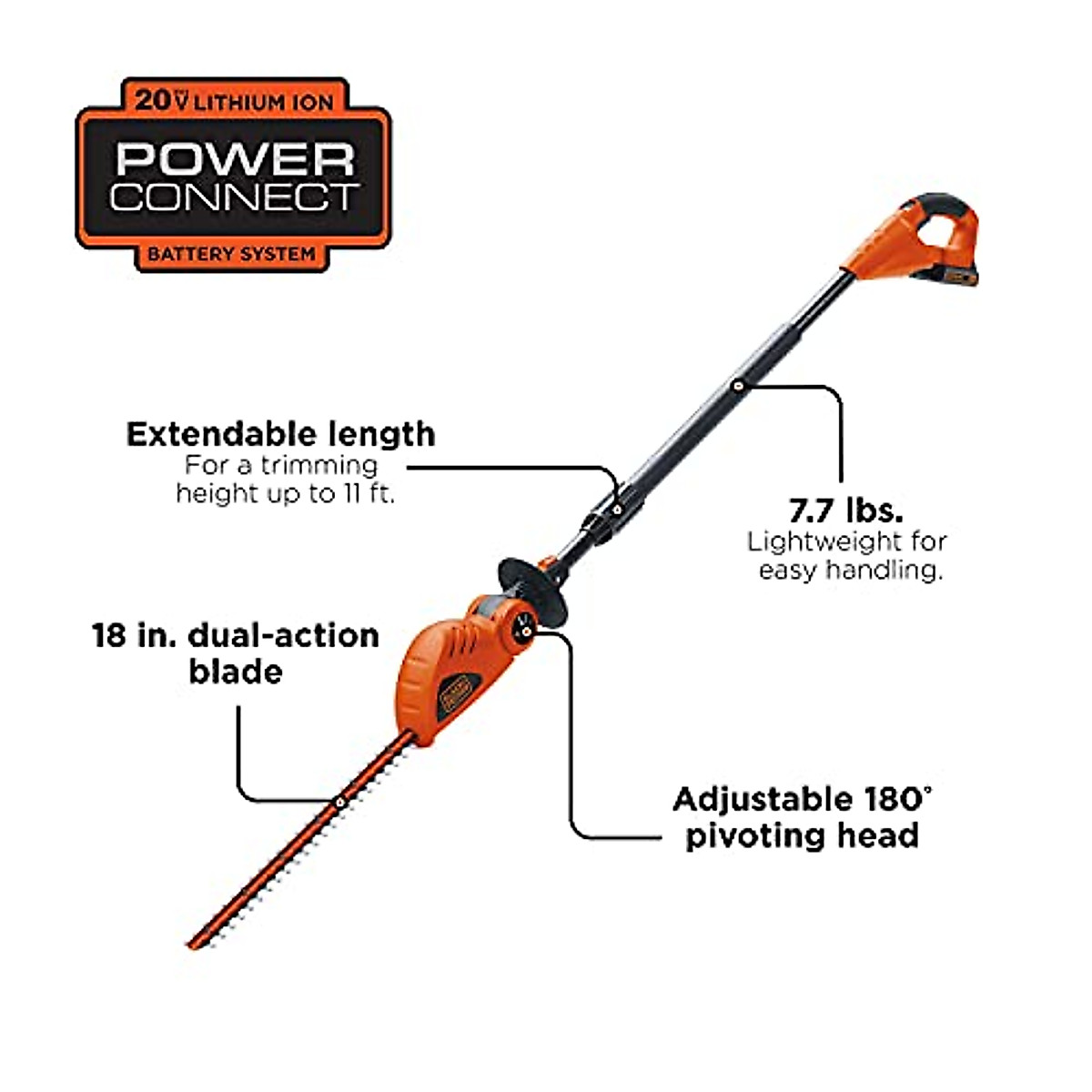 BLACK+DECKER 20V MAX Cordless Pole Hedge Trimmer, 18-Inch (LPHT120)