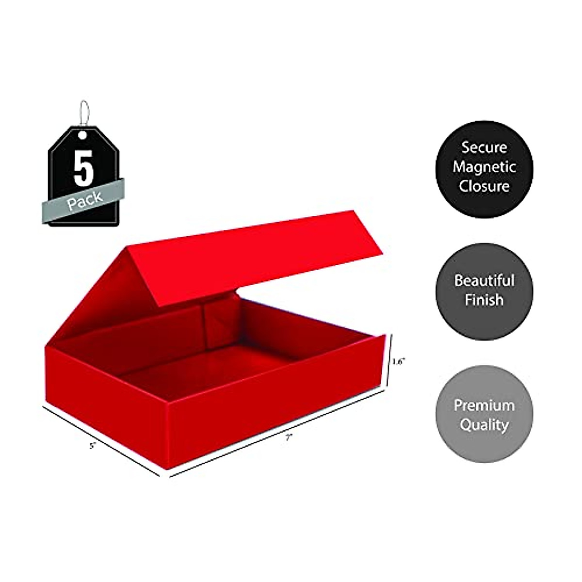 Purple Q Crafts 5 Pack Red Hard Gift Box with Magnetic Closure Lid 7" x 5" x 1.6" Rectangle Boxes For Gifts With Black Glossy Finish (5 Boxes)