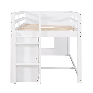 DEYOBED Wooden Twin Size Loft Bed Frame with Bedside Shelf, Storage Cabinet, Safety Guardrail and Ladder, Ideal Bed Frame for Kids Teens Boys Girls Bedroom, White