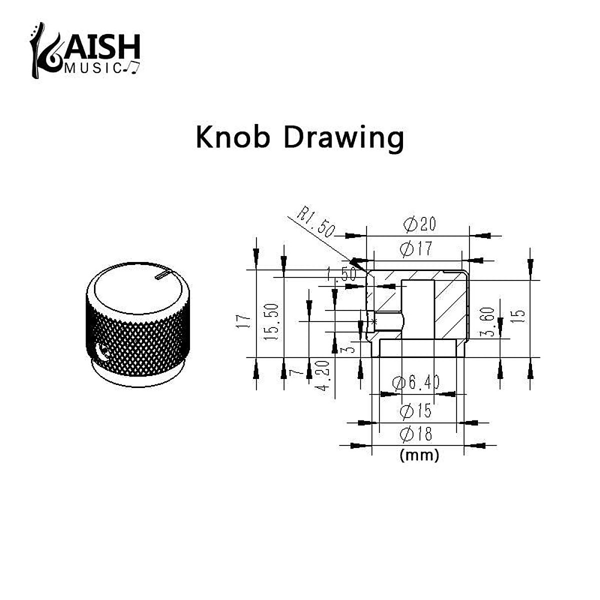 KAISH 2pcs 51/64"(20mm) Diam. Aluminium Potentiometer Knobs 1/4" Universal Metal Pot Control Knobs for Guitar/Bass/AMPS Amplifier/Preamps/Efffect Pedal/Audio Equipments Black with Indicator Line