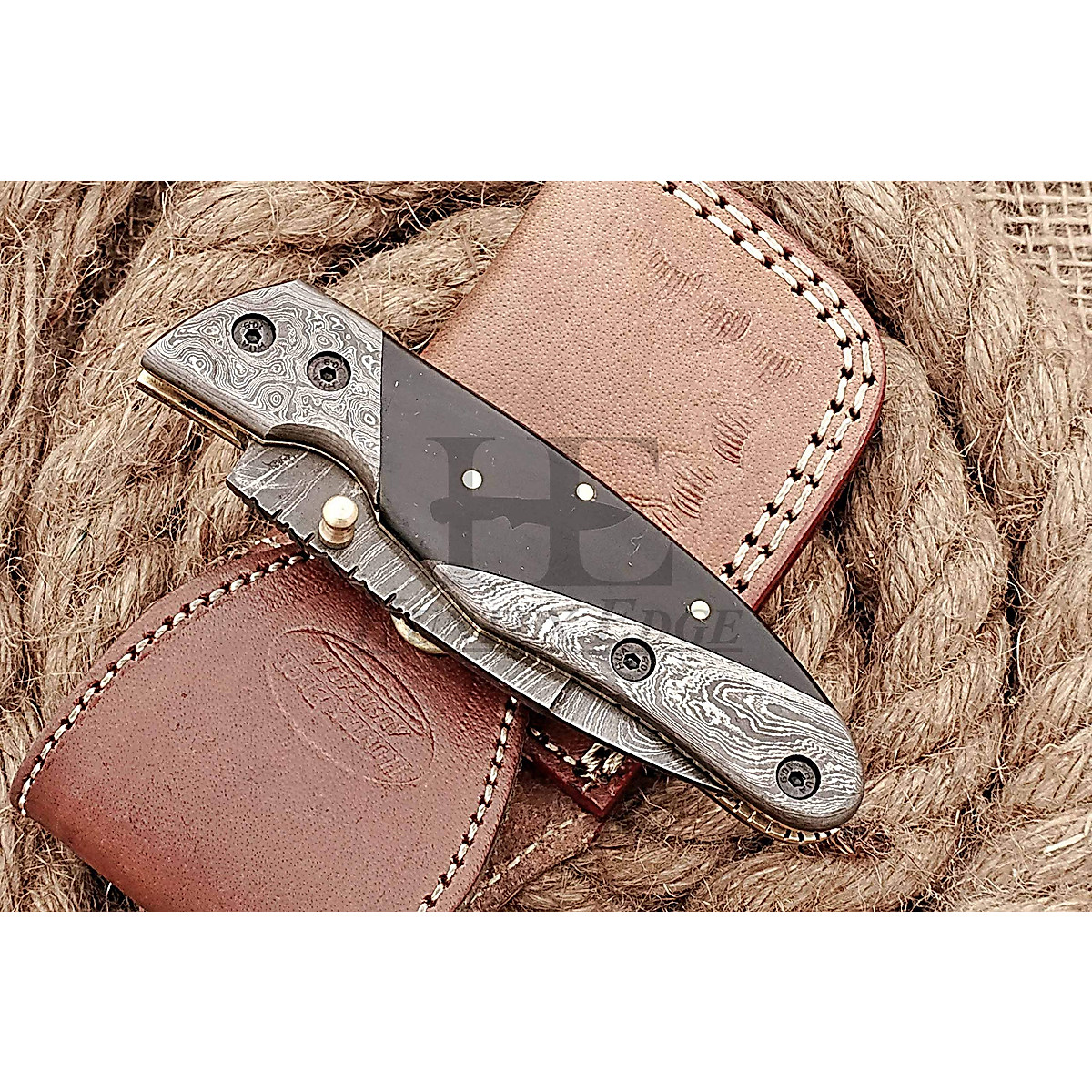 HUNTEX Custom Handmade Hand-Forged Twist Pattern Damascus Steel 4 Inch Long Natural Walnut Wood Handle Razor Sharp Hunting Folding Pocket Spear Knife with Pocket Clip & Genuine Leather Pouch