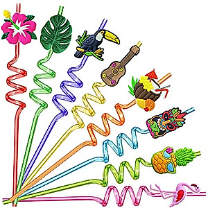 Hawaiian Luau Party Favor Drinking Straws (24 Pcs) Summer Beach Pool Birthday Party Supplies Reusable Plastic Drink Straw for Tropical Luau Party (2 Pcs Cleaning Brushes inside)…