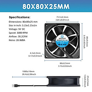 WINSINN DC 80mm USB Fan 5V 8025 Dual Ball Bearing Brushless Cooling 80mmx25mm 2PIN (Pack of 2Pcs)
