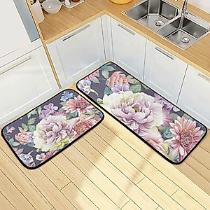 Luxury Purple Peony Peris Flower Kitchen Rugs and Mats 2 Pieces Anti Fatigue Kitchen Rug Set Non-Slip Bath Mat Entry Floor Carpet Entrance Door Mat Runner 20"x28"+20"x47"