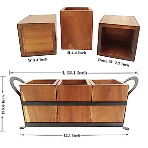 NelyBet Utensil Caddy Silverware Cutlery Holder with 3 Compartment , Wooden Utensil Crock Flatware Organizers with Metal Tray , Rustic Kitchen Utensil Organizers Storage Box usded for Farmhouse Kitchen Decor and Countertop