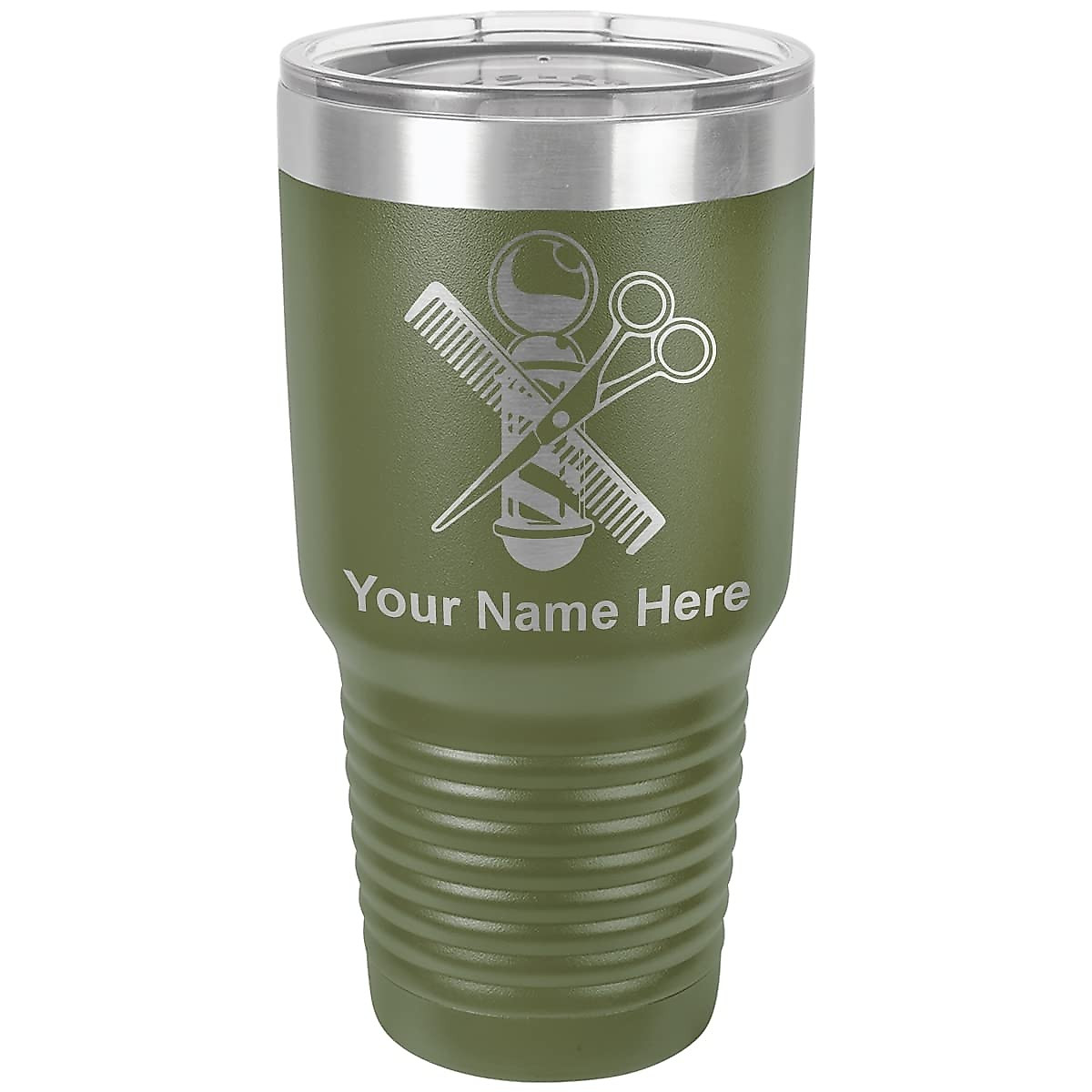 LaserGram 30oz Vacuum Insulated Tumbler Mug, Barber Shop Pole, Personalized Engraving Included (Camo Green)