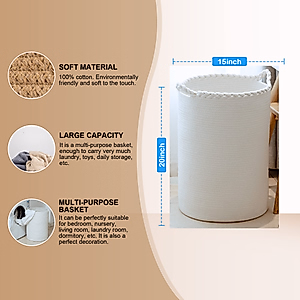 Homlikelan 58L Woven Laundry Basket,Cotton Tall Laundry Hamper for Blankets,Clothes,Pillows,Toys,Shoes Large Laundry Bin White