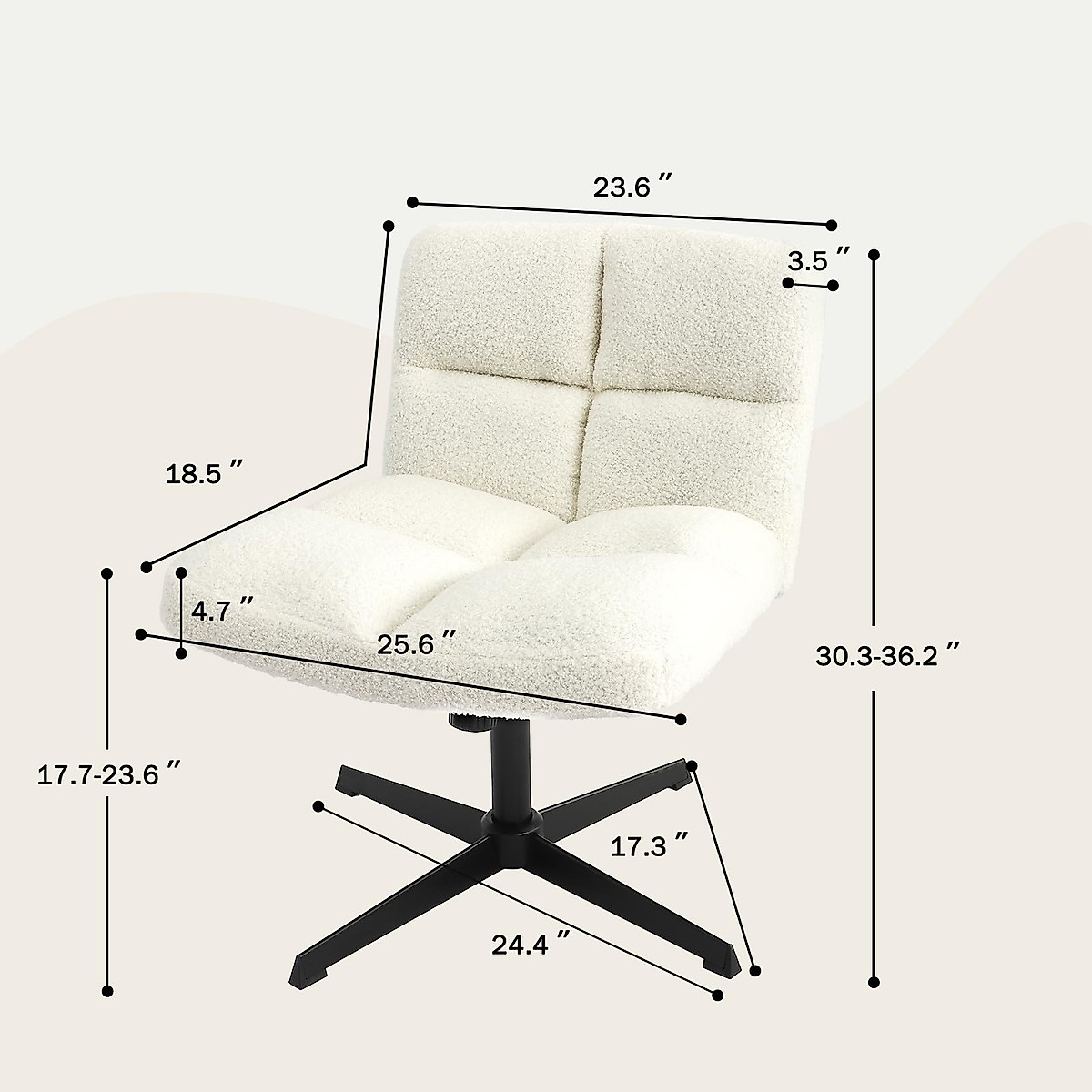 TIMSATIO Criss Cross Chair, Comfy Desk Chair Armless Office Chair No Wheels, Wide Vanity Chair with Back, Height Adjustable Reclining Office Chair Modern Swivel Accent Chair for Home Office (White)