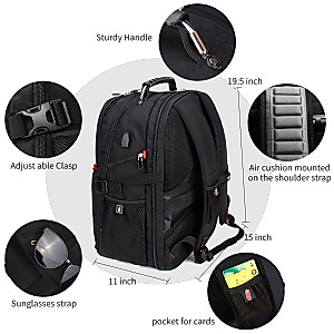 SHRRADOO Extra Large 52L Travel Laptop Backpack with USB Charging Port Fit 17 Inch Laptops for Men Women