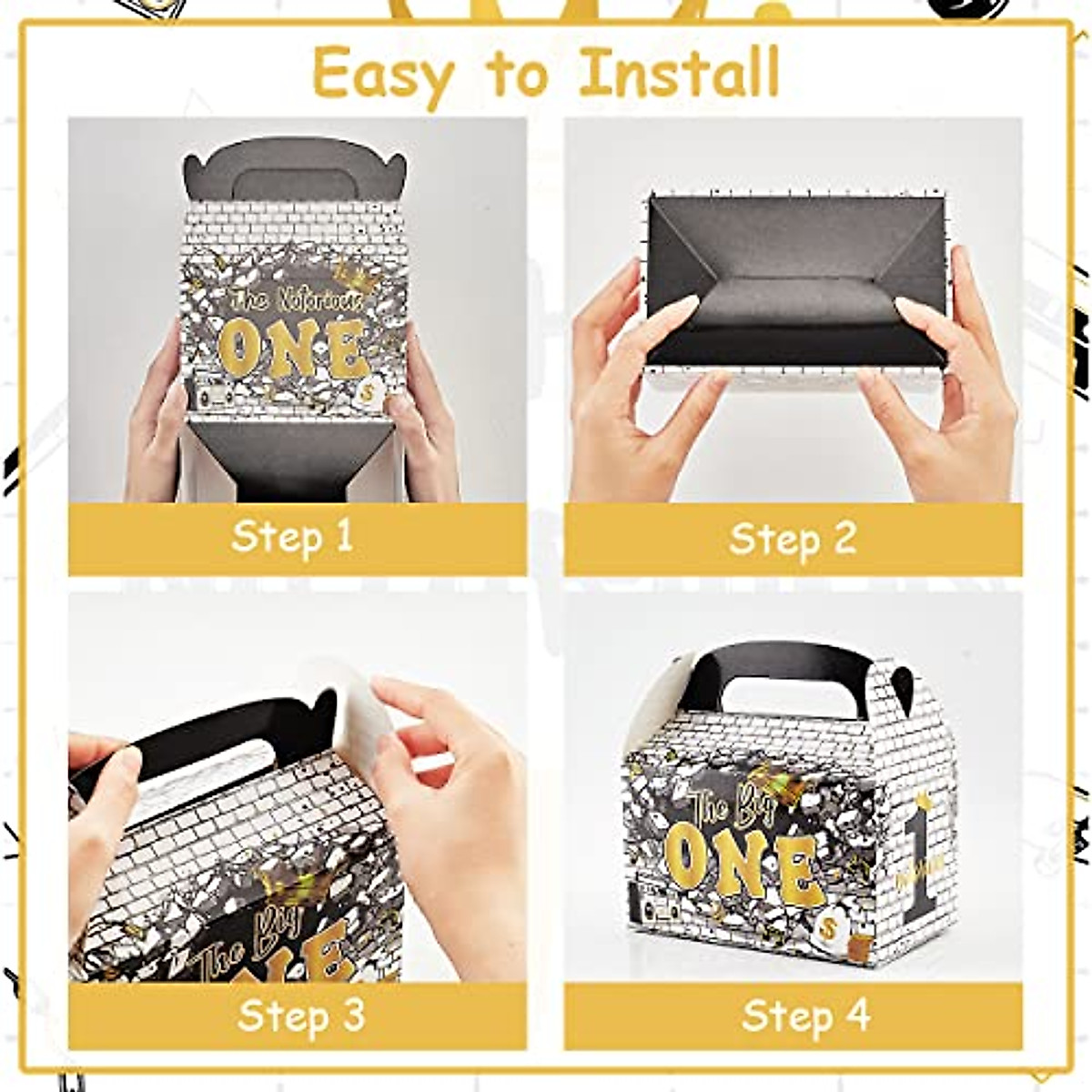 24pcs The Notorious One Birthday Decorations, Black Gold 1st Birthday Party Favors Treat Boxes with Handle - Hip Hop Theme Big One First Birthday Candy Gift Boxes for Boy
