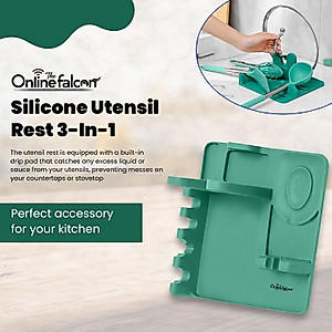 The Online Falcon Silicone Utensil Rest 3-In-1, Stovetop Organizer with Drip Pad, Heat Resistant, Spoon Rest with Ladle Holder for Stove, BPA Free, Grey