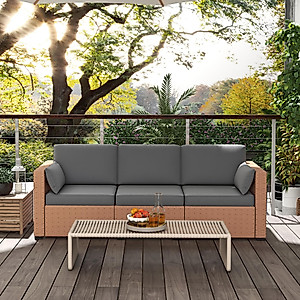 Outsunny Wicker Patio Couch, PE Rattan 3-Seat Sofa, Outdoor Furniture with Deep Seating, Cushions, Steel Frame, Sand