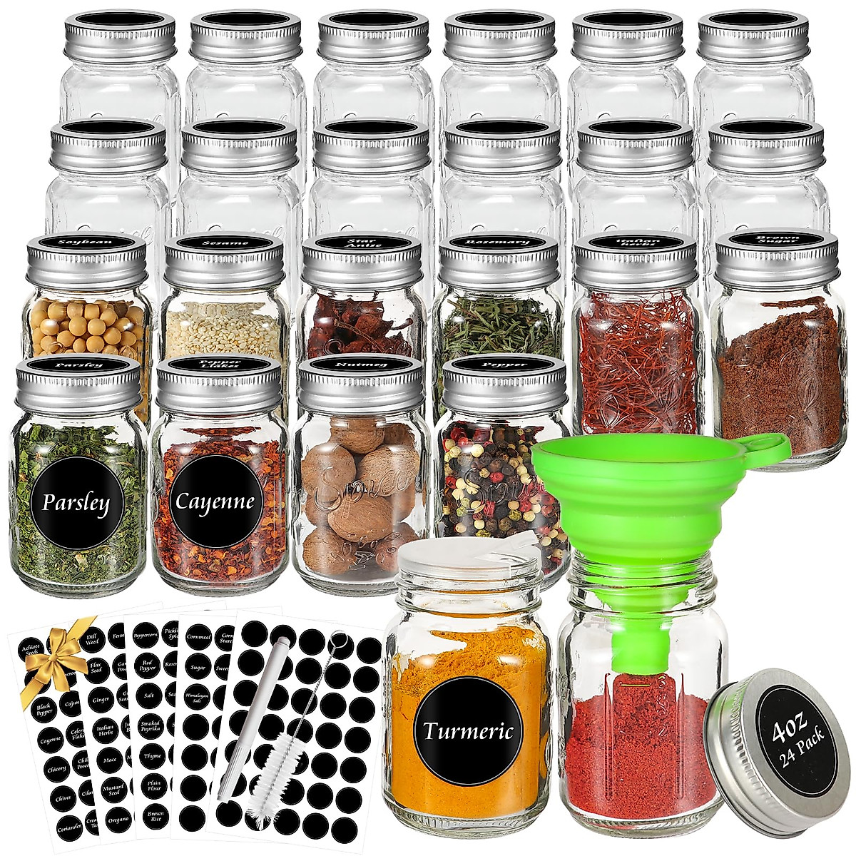 Spice Jars with Label 4oz 24Pcs, AuroTrends 4oz Glass Jars with Lids 24Pack Complete Set-Round Glass Spice Jars with Shaker Lids | Pre-printed Labels & Blank Labels | Chalk Marker | Straw Brush | Funnel
