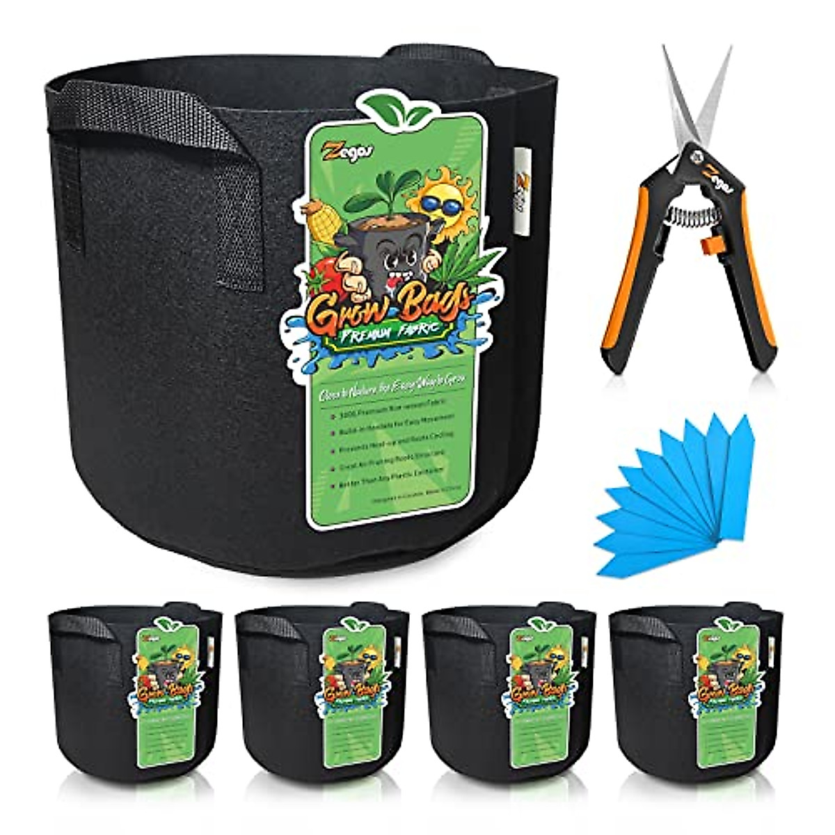 Zegos Grow Bags 15 Gallon 5 Packs Fabric Plant Pots with Heavy Duty Thickened Nonwoven Fabric and Handles for Indoor&Outdoor Garden Plants, Vegetable, Flowers, Potato (1 Pack Pruning Snips Included)