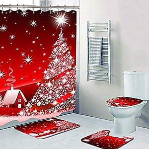 zhangwei Shower Curtains for Bathroom, Christmas Shower Curtain Set for Bathroom, Winter Holiday Festival New Year Shower Curtain Sets with 12 Hooks and Non-Slip Rugs, Bath Mat, Toilet Lid Cover
