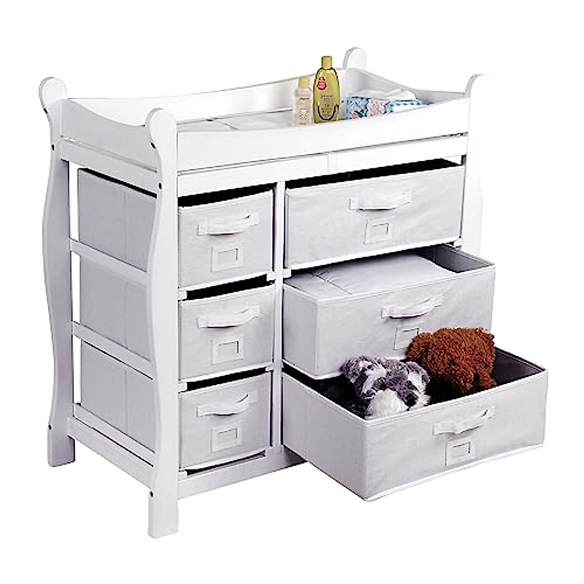Sleigh Style Baby Changing Table with 6 Storage Baskets and Pad