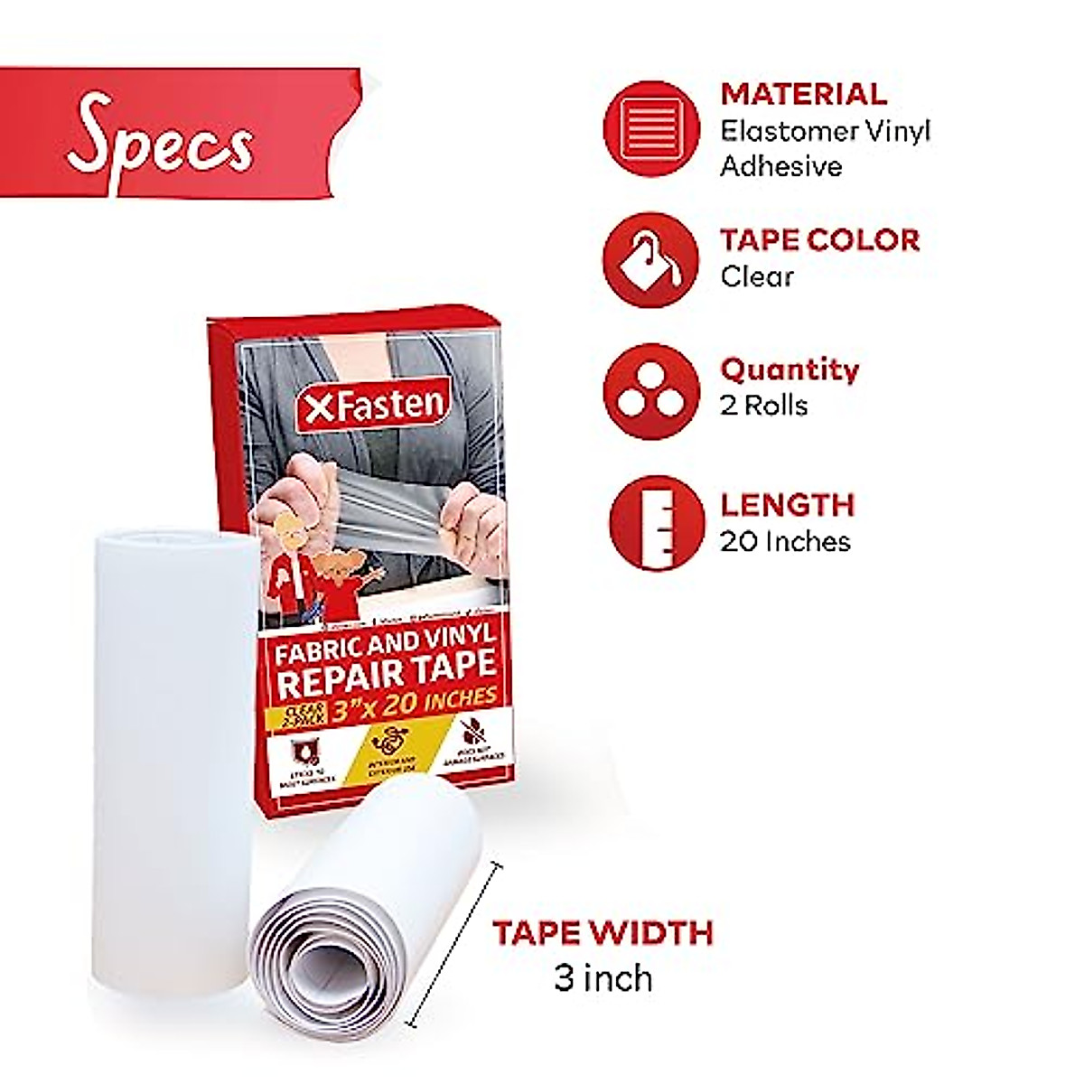 XFasten Fabric and Vinyl Repair Tape, Clear, 3-Inches by 20-Inches (2-Set), Waterproof Vinyl Repair Hole Patch Kit for Tent, Exercise Ball, Kayak, Inflatable Bed, Pool Float, and Airbed Mattress