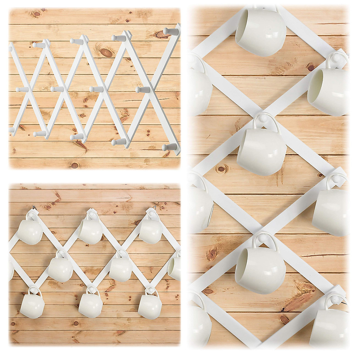 Dseap Accordian Wall Hanger: 16” High Wooden Wall Expandable Coat Rack, Hat Rack Holder, Accordion Hook for Baseball Caps, Coats, Mugs, 14 Peg Hooks, White