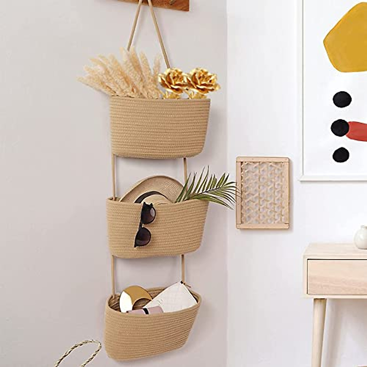 TeoKJ Over the Door Hanging Basket, 3-Tier Woven Cotton Wall-Mounted Storage Organizer Bag Decorative Hanging Kitchen Baskets - Jute