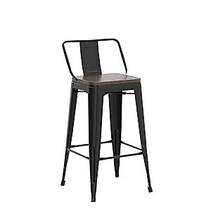 Yaheetech 24'' Metal Bar Stool 4PCS Low Back Conuter Stools for Indoor/Outdoor Barstools w/Wooden Seat Metal Leg Industrial Counter Height Black