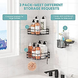 EZFurni Shower Caddy Corner, 3 Pack Shower Organizer Corner, Rustproof Shower Shelf for Inside Shower, Strong Adhesive Shower Racks with Razor Holders, Roomy Shower Storage for Bathroom, Black
