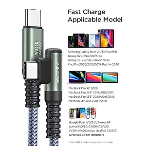 AINOPE USB C to USB C Cable 100W Durable iPhone 16 Charger Cord Right Angle, USBC to USBC Cable Cord Fast Charging Fit iPhone 16 Pro Max Plus MacBook/iPad Pro/Samsung-2 Pack 6.6FT Black