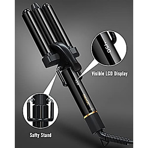 Hair Waver, 3 Barrel Curling Iron for Beachy Waves, Hair Crimper with LCD Temp Display, Ceramic Tourmaline Triple Barrels Curling Wand, Beach Waver Curling Iron with Dual Voltage, Black