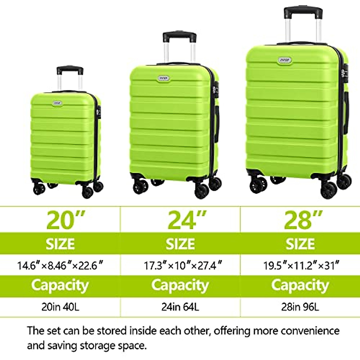 AnyZip Luggage Sets 3 Piece PC ABS Hardside Lightweight Suitcase with 4 Universal Wheels TSA Lock Carry On 20 24 28 Inch Apple Green