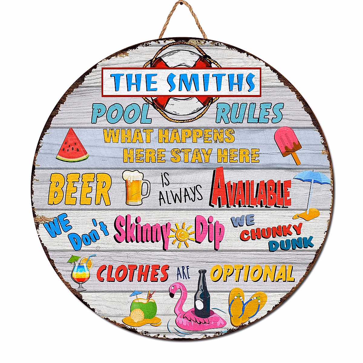 V VIBEPY All Over Printed, Personalized Pool Rules Wooden Sign, Pool Rules What Happens Here Stay Here, Pool Bar Decor, 8”,12”,18” Wooden Sign, Summer Decor Outdoor, Housewarming Gift (02)