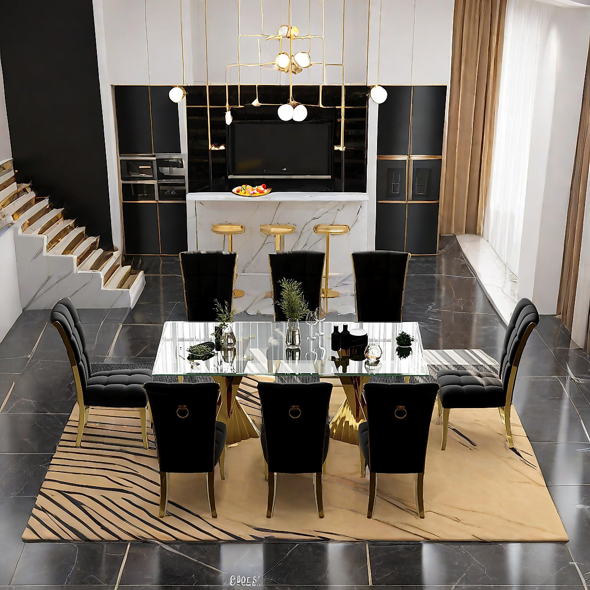 Asday Black and Gold Dining Chairs Set of 4, Black Velevt Upholstered Kitchen Chair with Metal Ring Pull, High Back Dining Chairs with Gold Stainless Steel Legs