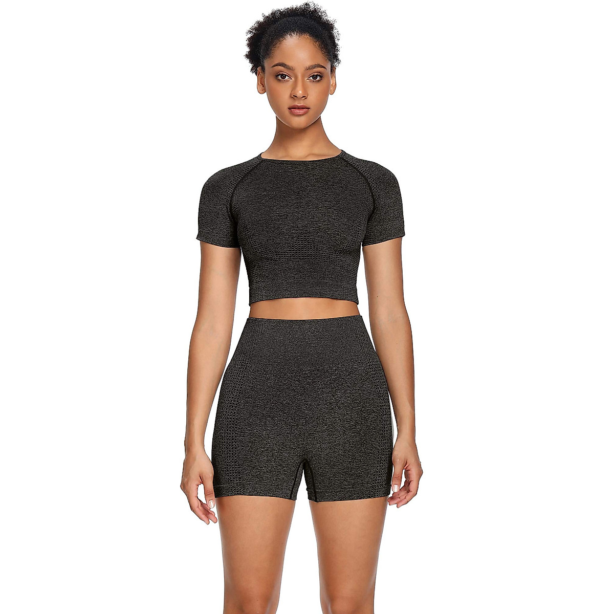 Sytiz Women Seamless Yoga Outfits 2 piece Set Workout Gym Shorts + Sport Bra (Black, Medium)