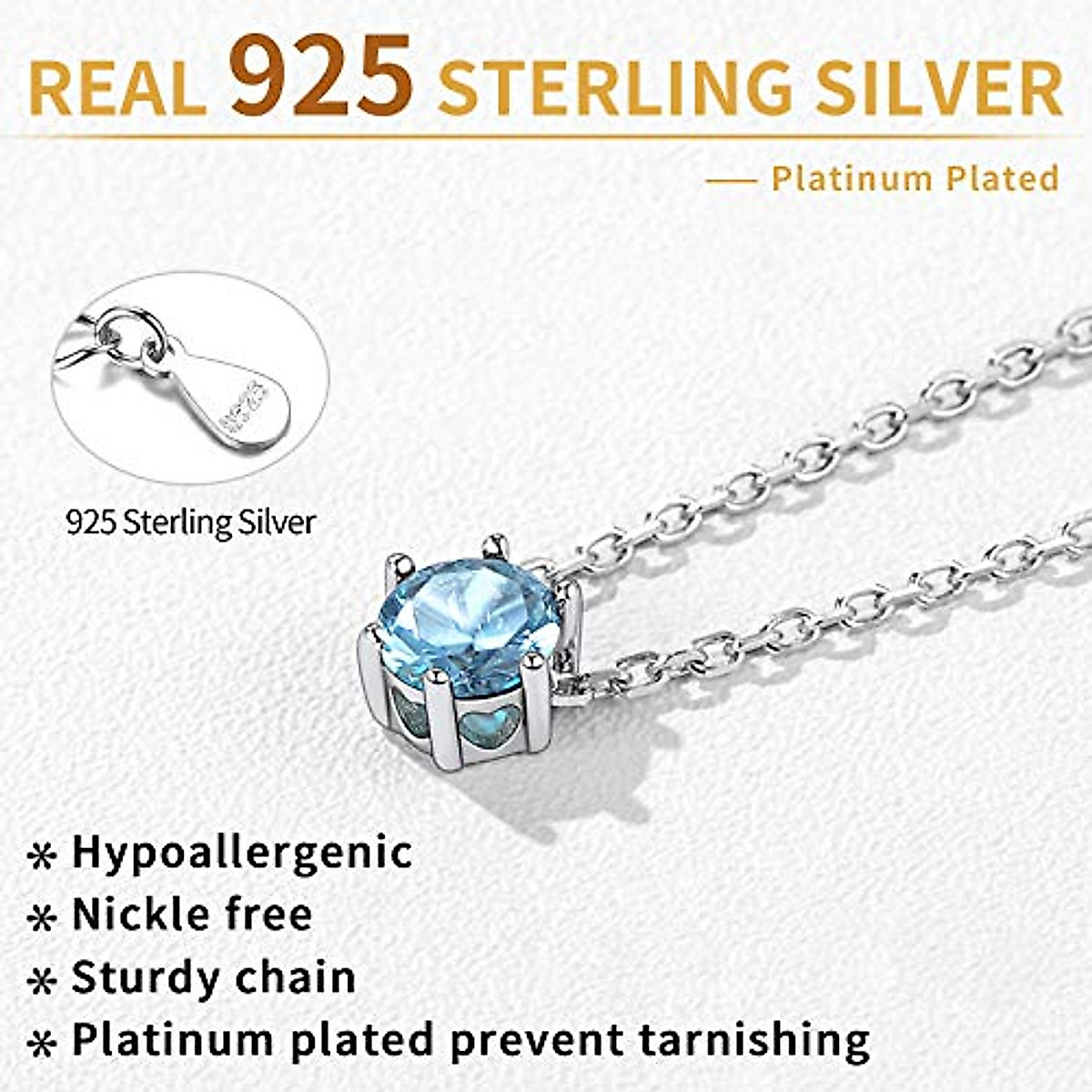 ChicSilver March Birthstone Necklace 925 Sterling Silver Blue Aquamarine Necklace Tiny Birthstone Jewelry with 16 Inch Chain Necklace