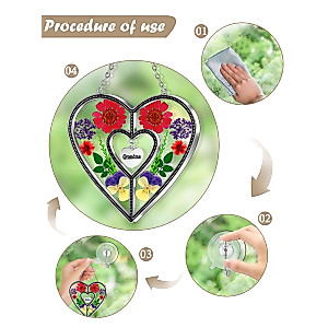 KY&BOSAM Heart Suncatchers Grandma Gift Ornament Stained Glass Sun Catcher Garden hangings Windows with Pressed Flower Heart Embedded in Glass Gifts for Grandma Mother`s Day Birthday Gifts
