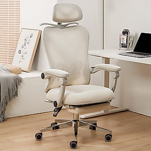 GGN Ergonomic Office Chair with Foot Rest, White Reclining Desk Chair with Leg Rest, Mesh Computer Desk Chair with Adjustable Headrest & Lumbar Support, White