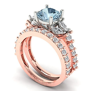 Clara Pucci 2.66 carat Round Shape 3 stone Created Aquamarine Engagement Wedding Anniversary Bridal ring band set 14k Rose White Gold 7