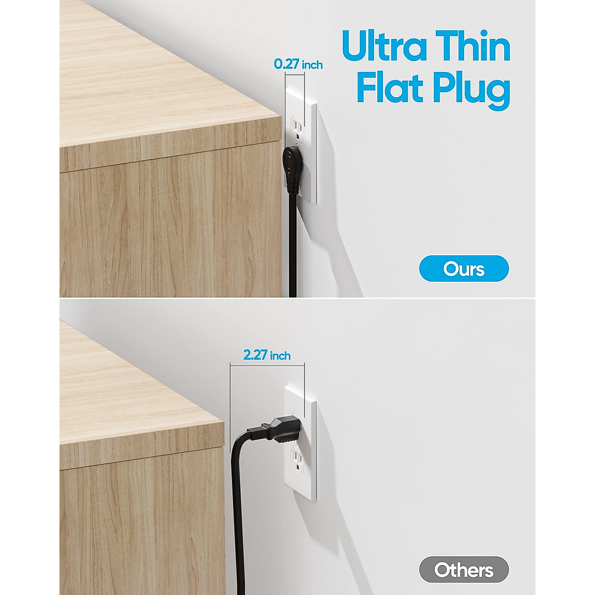 Surge Protector Power Strip, Olcorife Ultra Thin Flat Plug Extension Cord 5 ft, 8 Outlets 4 USB Ports(1 USB C), 1080J, Wall Mount Outlet Extender, College Dorm Room Essentials, Black