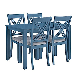 Bellemave 5 Piece Dining Table Set, Kitchen Dining Table with 4 X-Back Chairs, Wooden Dining Table and Upholstered Chair Set, Farmhouse Dining Room Set for 4 Persons (Blue)