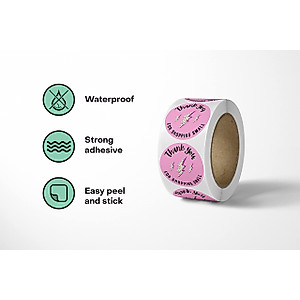 Cute Thank You Stickers (500 Count) Thank You for Supporting My Small Business Stickers 1.5” Round Waterproof Stickers Small Business Supplies Thank You Sticker Rolls - Pink Lightning