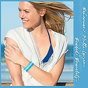 Junkin 60 Pcs Bohemian Multi Layer Crystal Beaded Stacking Statement Bracelets for Women Stretchy Strand Crystal Bead Bracelets Versatile Slip on Stackable Shiny Bead Bracelets Pack