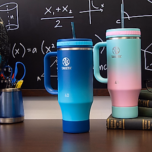 Takeya Straw Tumbler with Handle - Beverage Tumbler for Coffee, Water & More - Durable Tumbler with Built-In Silicone Coaster & 2 Straws - Double Stainless Steel Insulation - 40 oz, Ombre Adventure