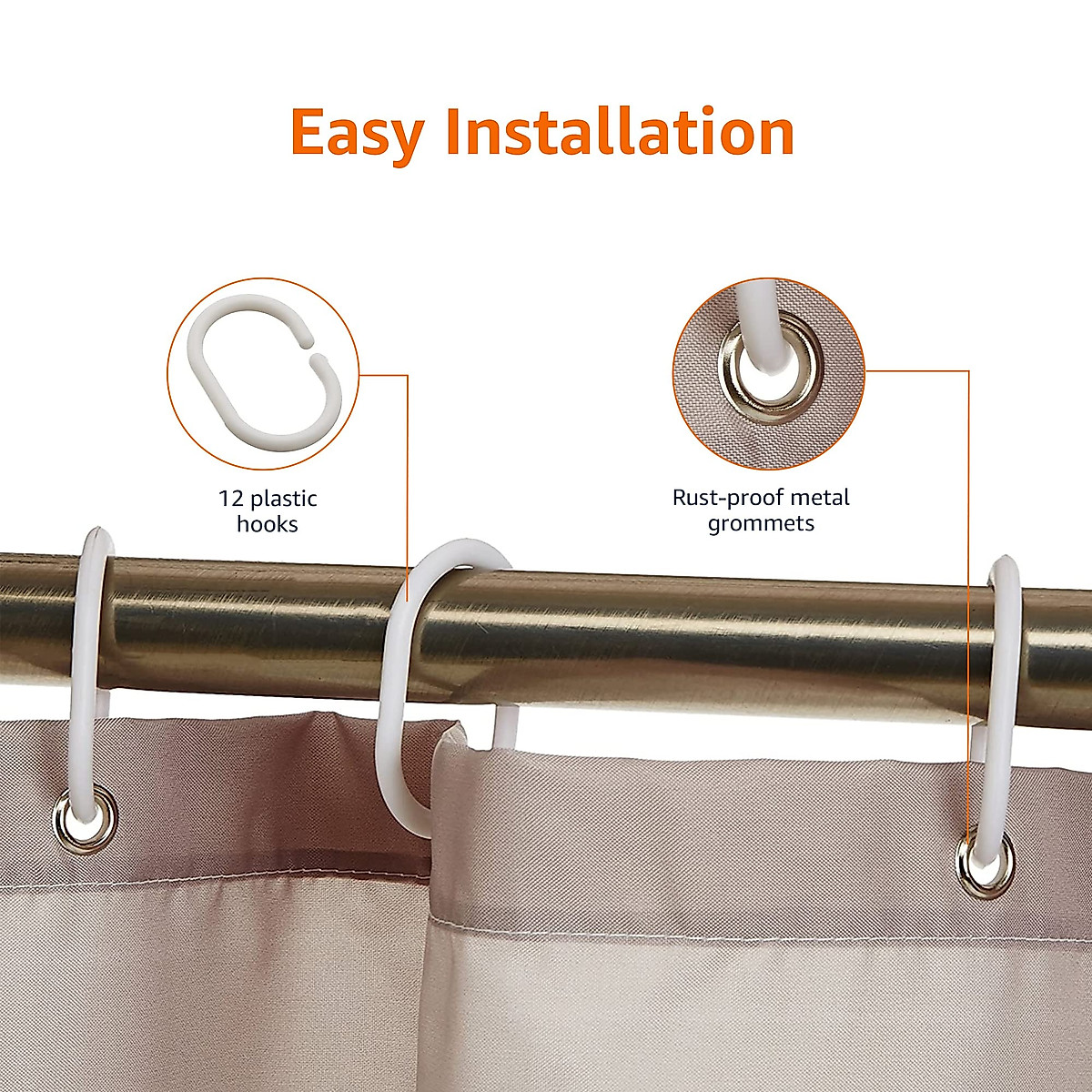 Amazon Basics Fabric Shower Curtain with Grommets and Hooks - 72 x 72 Inch, Large Light Brown, Beige