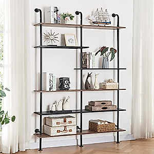 HOMISSUE Industrial Bookshelf 6-Tier Open Wall Mount Ladder Bookshelf, Modern Bookcase with Metal Frame and Wood for Home Office, Wall Mounted Industrial Iron Pipe Shelf, Brown