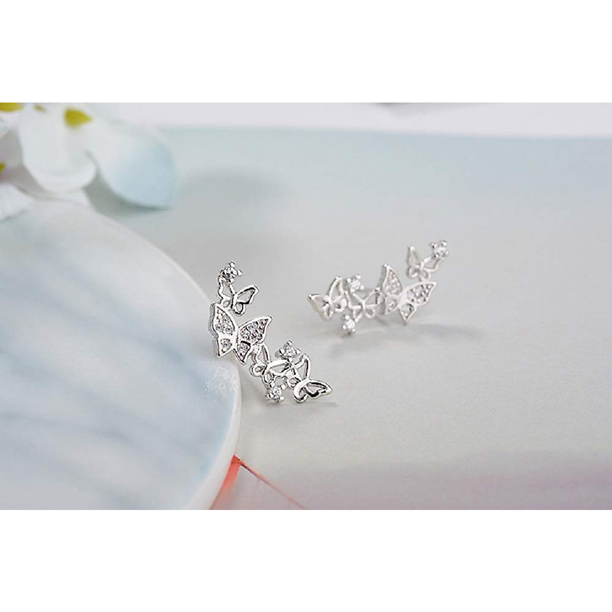 Hollow Butterfly CZ Cuff Wrap Studs Earrings for Women Pierced Ear Sterling Silver Plated Fashion Cubic Zirconia Crawler Climber Hypoallergenic