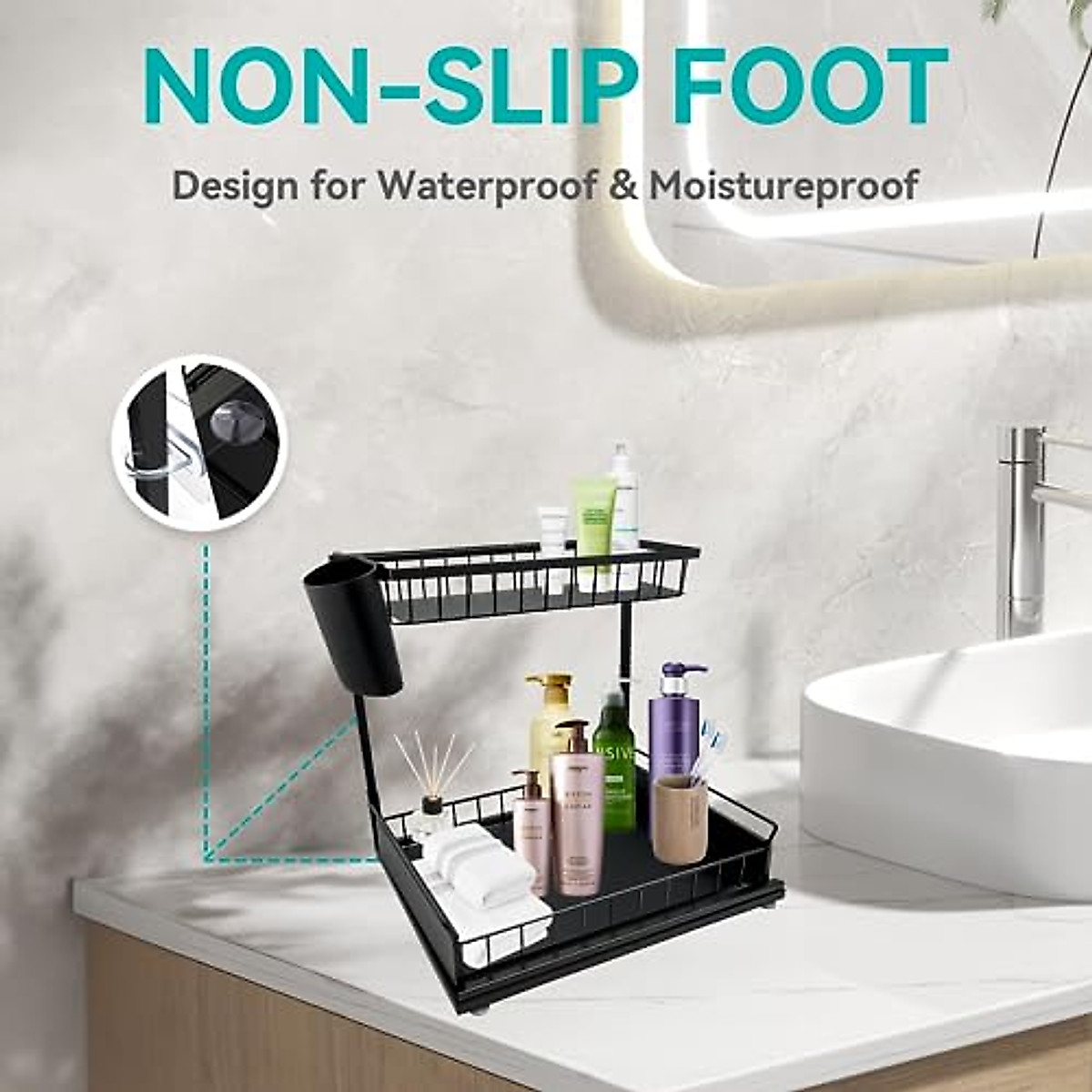 ZWMSSLL Under Sink Organizer, 2 Tier Sturdy, Durable Bathroom-Kitchen Storage Rack with Quiet Sliding, Adjustable, Multi-Purpose Design for Sink and Cabinet Storage