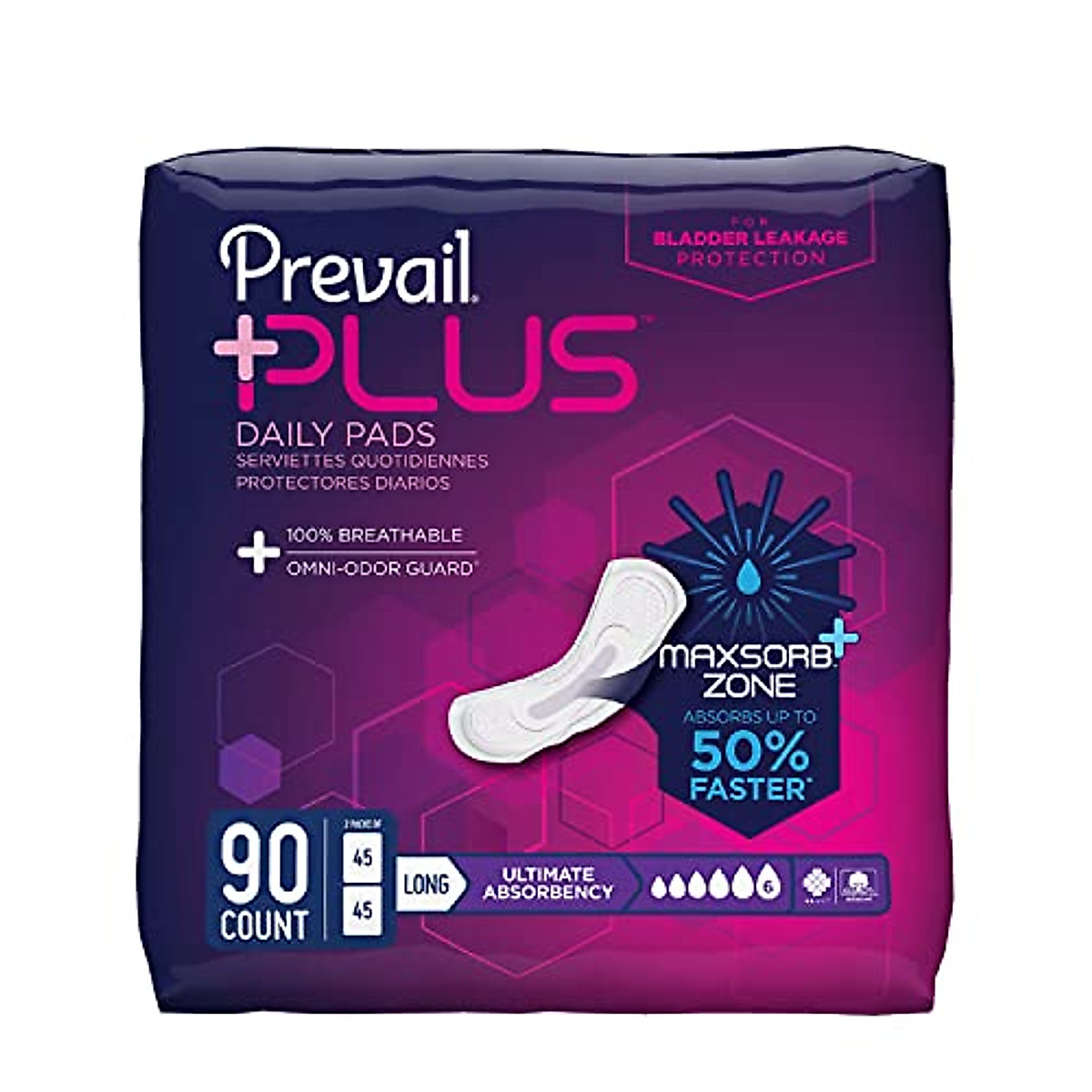 Prevail Plus | Long Length Incontinence Bladder Control Pads | Ultimate Absorbency | 90 Count (2 packs or 45)