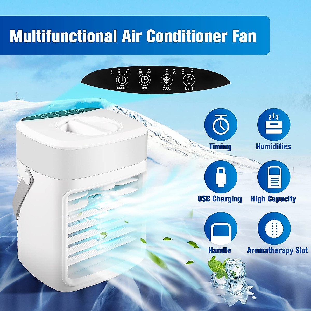 Portable Air Conditioner, Personal Evaporative Air Cooler, Strong Wind Air Fan with 3 Speeds & 3 Misting & LED Light & Aromatherapy Slot Small Desktop Cooling Humidifier Fan for Bedroom, USB Charging
