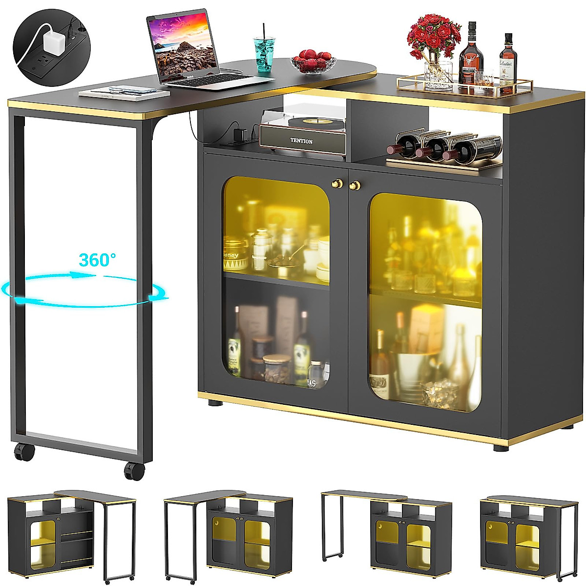 Cyclysio 360° Rotating Bar Cabinet, 59" Home Bar with LED Light & Charging Station, Double-Sided Foldable Liquor Wine Cabinet with Storage for Bar, Liquor, Coffee, Dining, Working, Black