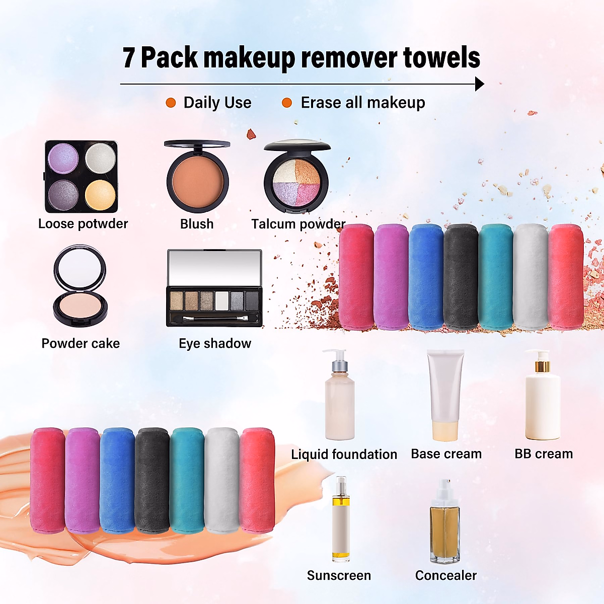 Makeup Remover Cloth, 7 Colors Makeup Towels Face Washcloth, Makeup Remover Pads Reusable Washable, Facial Cloths Clean Towels for Face Eye Skincare, With Travel Mesh Bag, 6 * 6 inches, 7 Pack